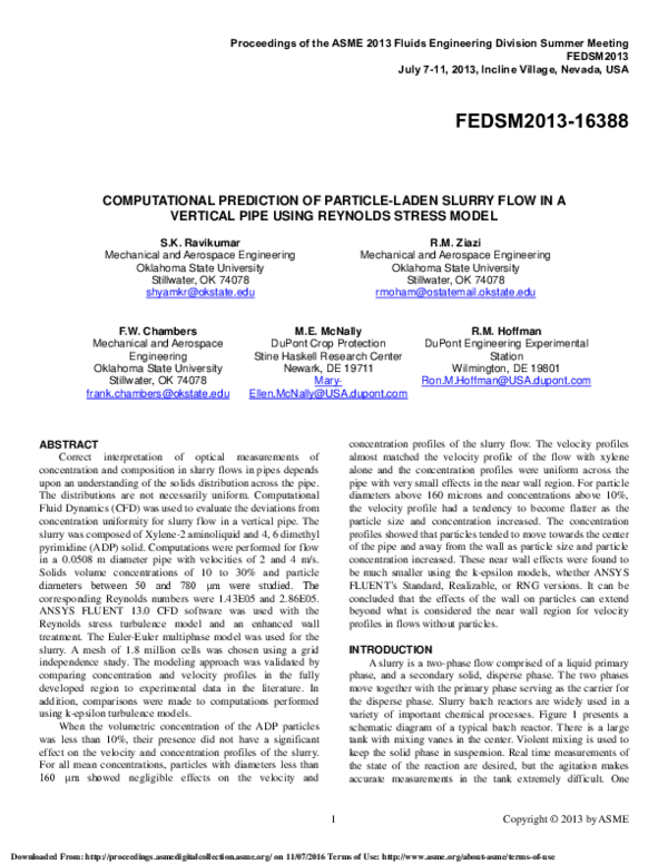 Pdf Computational Prediction Of Particle Laden Slurry Flow In A Vertical Pipe Using Reynolds