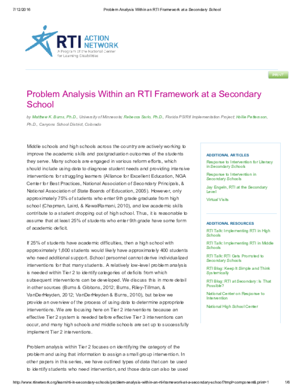 (PDF) Problem Analysis Within an RTI Framework at a Secondary School ...