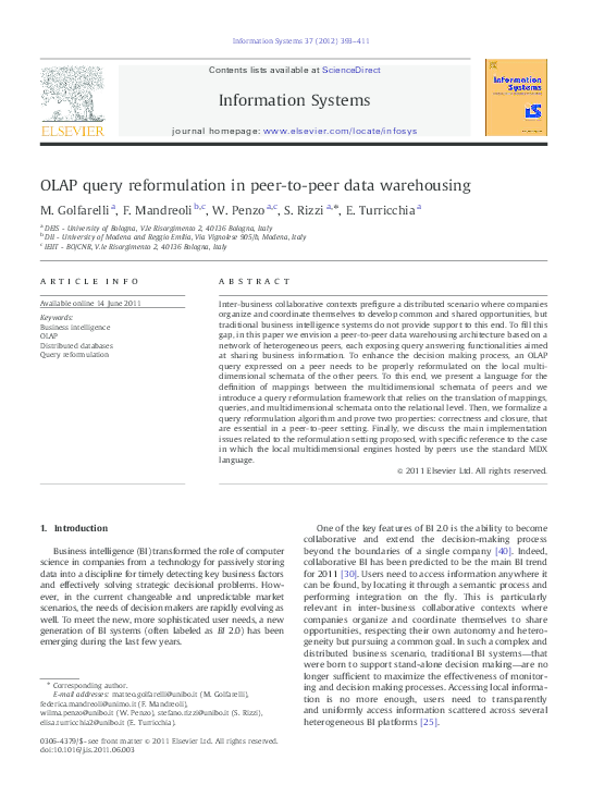 (PDF) OLAP query reformulation in peer-to-peer data warehousing