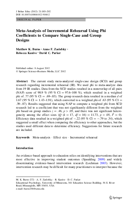 (PDF) Meta-Analysis of Incremental Rehearsal Using Phi Coefficients to ...
