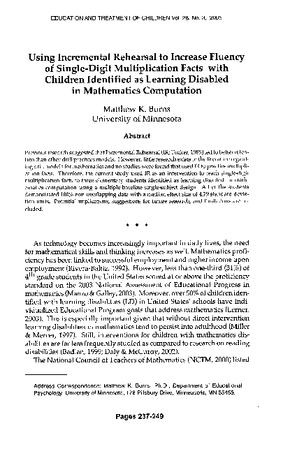 (PDF) Using Incremental Rehearsal to Increase Fluency of Single-Digit ...