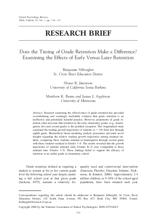 (PDF) RESEARCH BRIEF Does the Timing of Grade Retention Make a ...