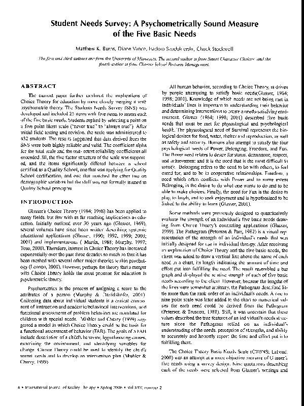 (PDF) Student Needs Survey: A Psychometrically Sound Measure of the ...