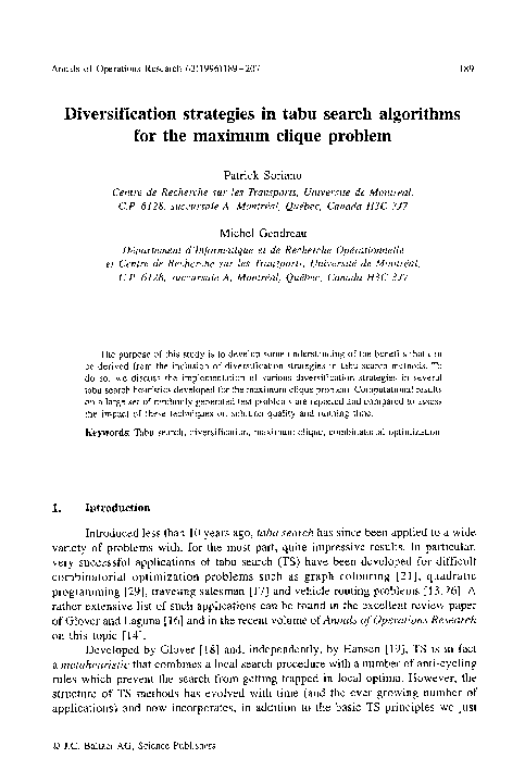 Pdf Diversification Strategies In Tabu Search Algorithms For The Maximum Clique Problem