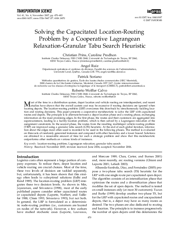 Pdf Solving The Capacitated Location Routing Problem By A Cooperative Lagrangean Relaxation