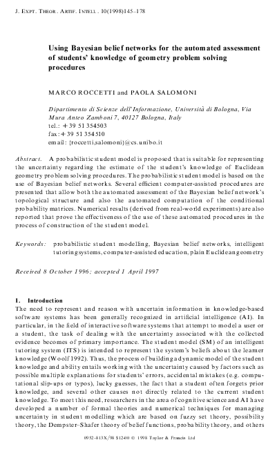 (PDF) Using Bayesian belief networks for the automated assessment of students' knowledge of ...