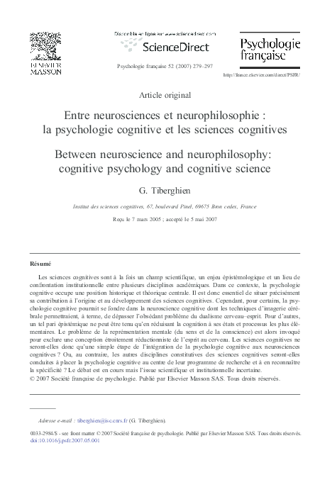 (PDF) Entre neurosciences et neurophilosophie : la psychologie ...