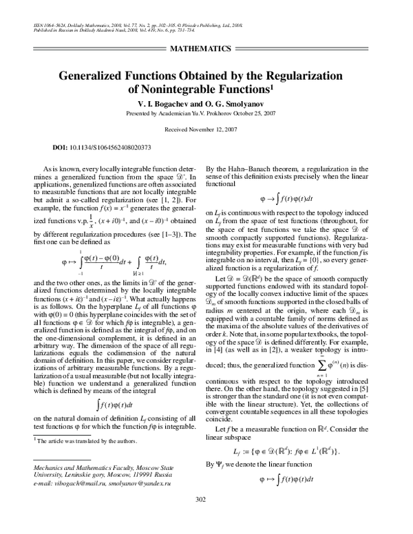 (PDF) Generalized functions obtained by the regularization of ...