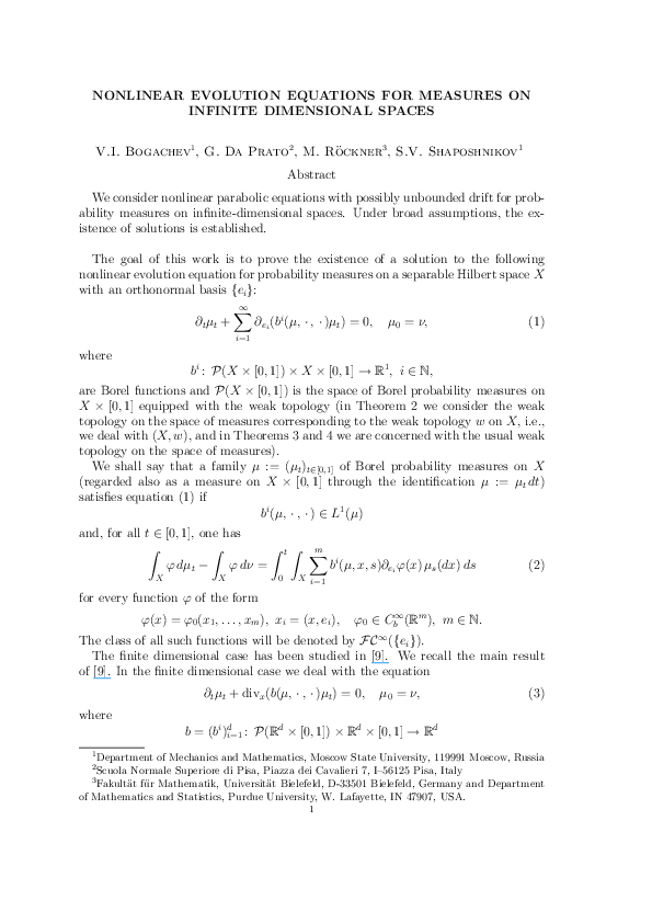 Pdf Nonlinear Evolution Equations For Measures On Infinite Dimensional Spaces
