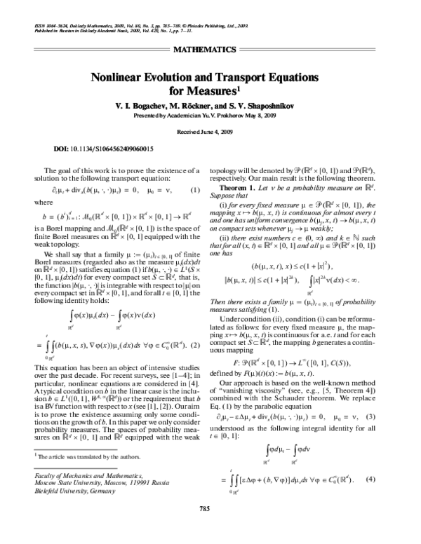 (PDF) Nonlinear evolution and transport equations for measures