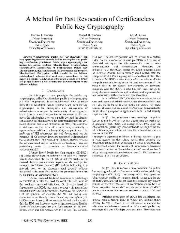 (PDF) A Method for Fast Revocation of Certificateless Public Key Cryptography