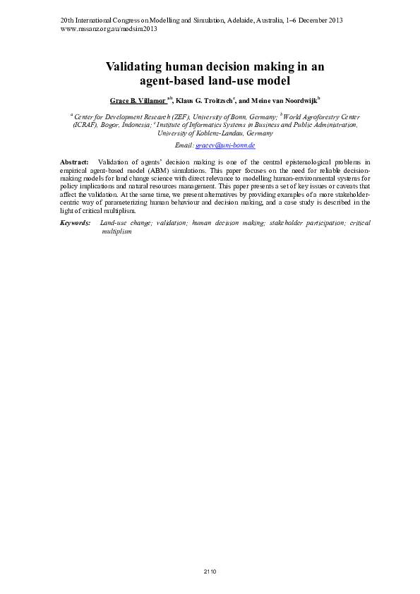 (PDF) Validating human decision making in an agent-based land-use model