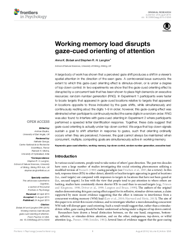 (PDF) Working memory load disrupts gaze-cued orienting of attention