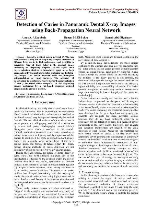 (PDF) Detection of Caries in Panoramic Dental X-ray Images using Back-Propagation Neural Network