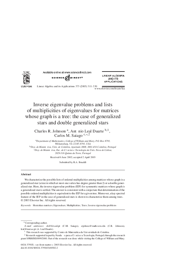 (PDF) Inverse eigenvalue problems and lists of multiplicities of eigenvalues for matrices whose ...