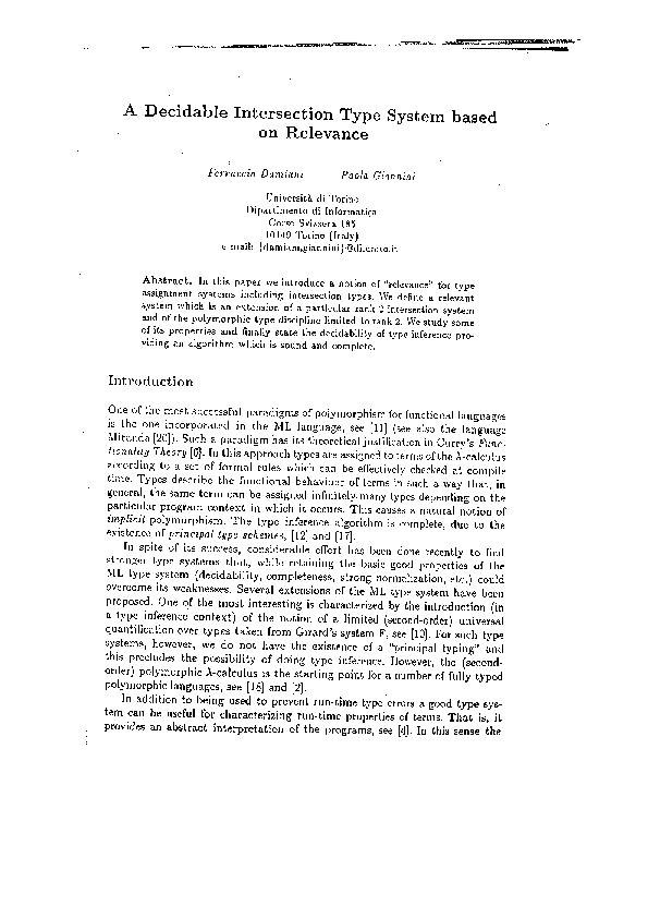 (PDF) Decidable Intersection Type System with Relevance