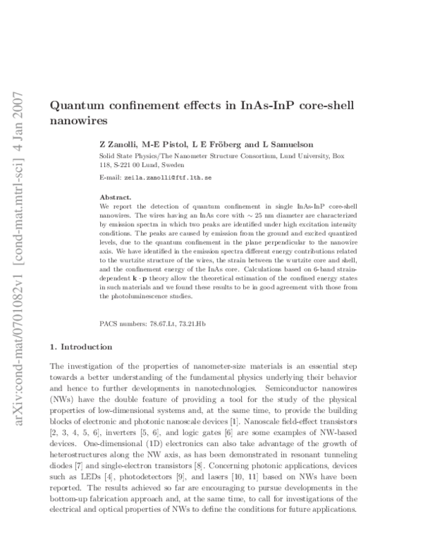 (PDF) Quantum-confinement effects in InAs InP core shell nanowires