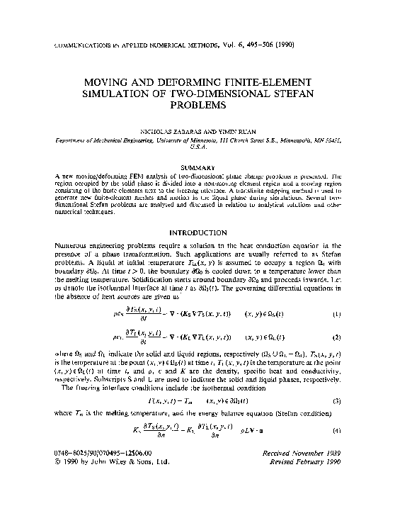 Pdf Moving And Deforming Finite Element Simulation Of Two Dimensional Stefan Problems