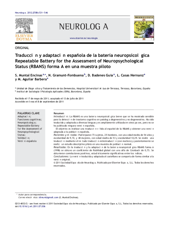 (PDF) Traducción y adaptación española de la batería neuropsicológica ...