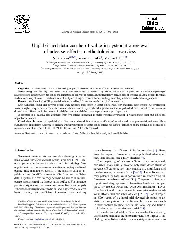 (PDF) Unpublished data can be of value in systematic reviews of adverse ...