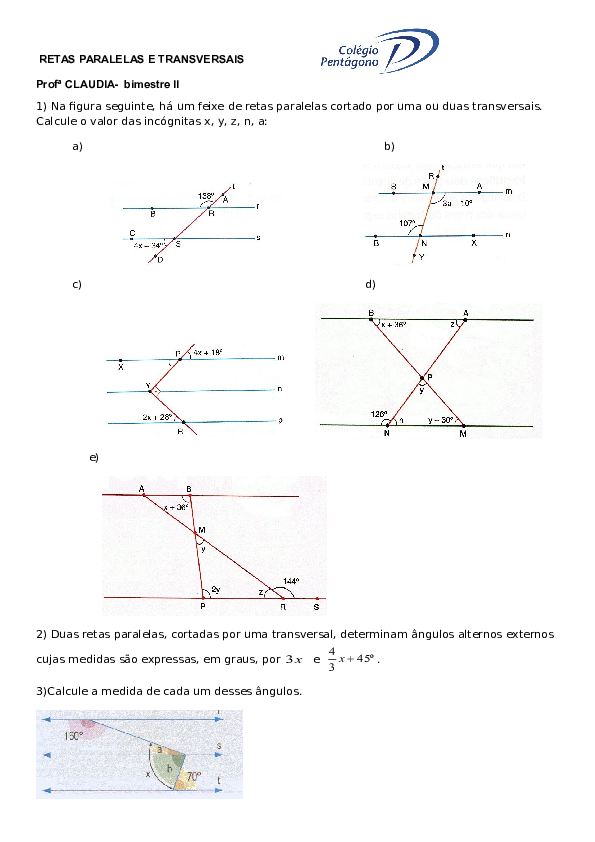 (DOC) RETAS PARALELAS E TRANSVERSAIS Profª CLAUDIA-bimestre II
