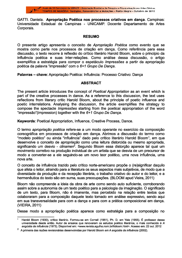 (PDF) Daniela Gatti Apropria o po tica nos processos criativos em dan a