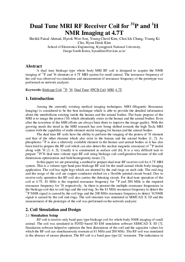 (PDF) Dual Tune MRI RF Receiver Coil for 31 P and 1 H NMR Imaging at 4.7T
