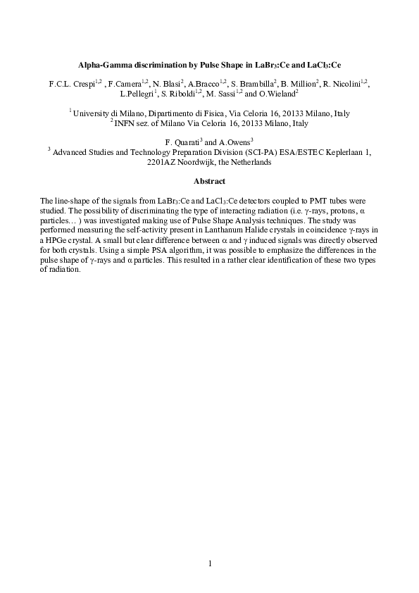 (PDF) Alpha–gamma discrimination by pulse shape in LaBr 3:Ce and LaCl 3:Ce