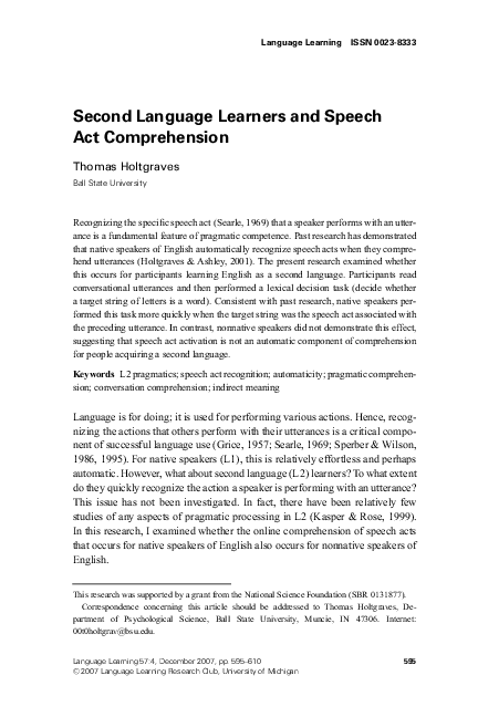 (PDF) Second Language Learners and Speech Act Comprehension