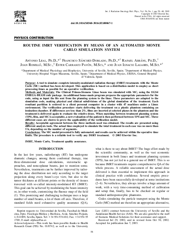 Pdf Routine Imrt Verification By Means Of An Automated Monte Carlo