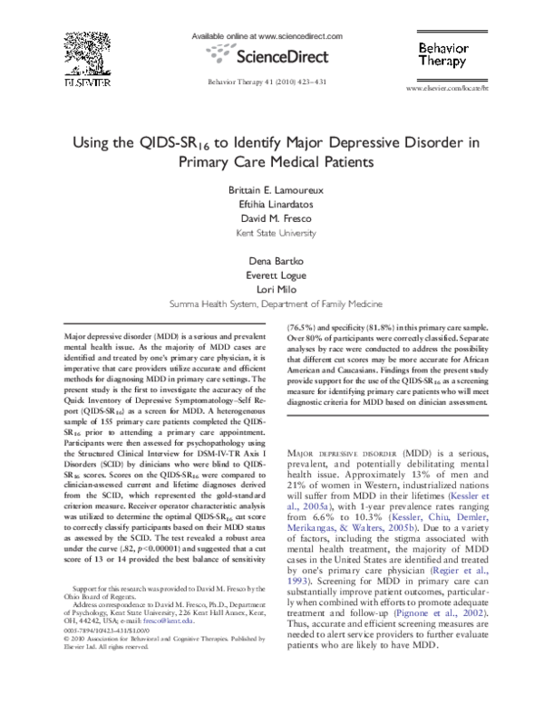(PDF) Using the QIDS-SR16 to Identify Major Depressive Disorder in ...