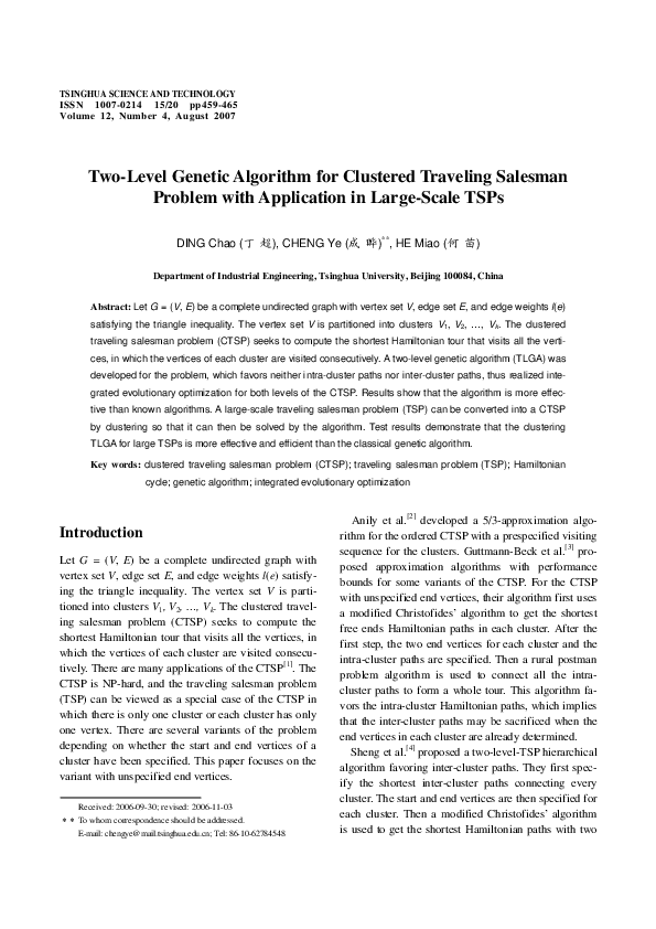 Pdf Two Level Genetic Algorithm For Clustered Traveling Salesman Problem With Application In
