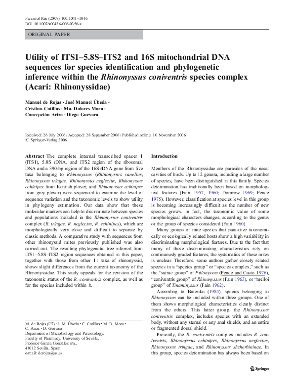 (PDF) Utility of ITS1–5.8S–ITS2 and 16S mitochondrial DNA sequences for species identification ...