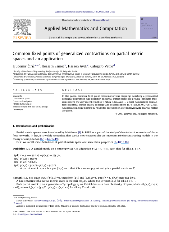 Pdf Common Fixed Points Of Generalized Contractions On Partial Metric Spaces And An