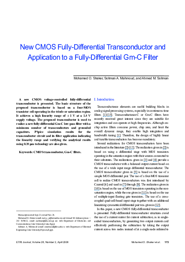 (PDF) New CMOS Fully Differential Transconductor and Application to a ...