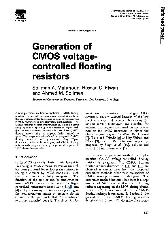 (PDF) Generation of CMOS voltage-controlled floating resistors