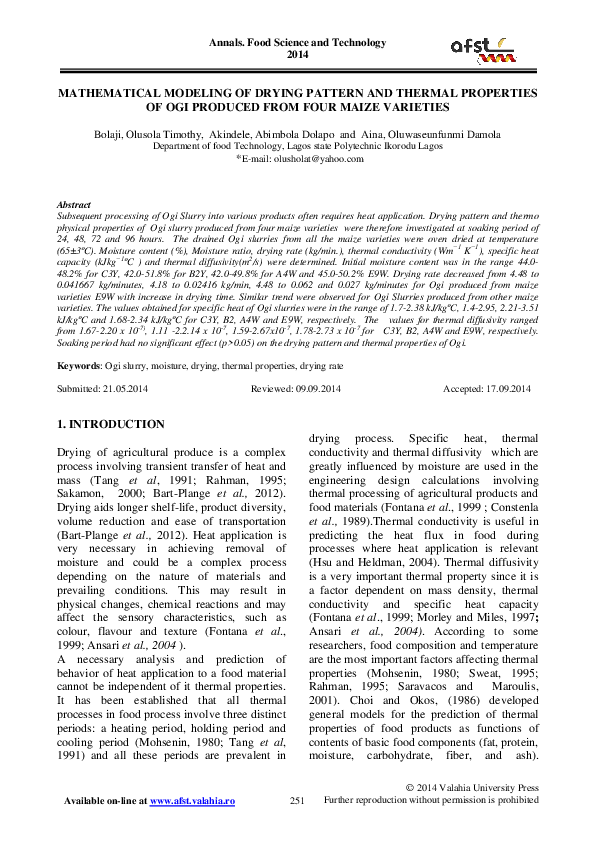 (PDF) MATHEMATICAL MODELING OF DRYING PATTERN AND THERMAL PROPERTIES OF OGI PRODUCED FROM FOUR ...