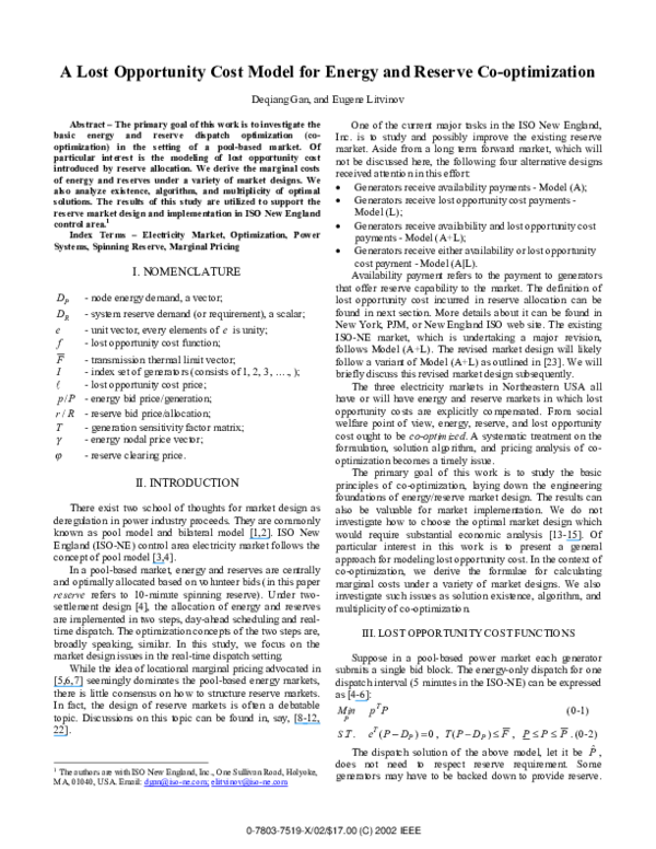 (PDF) A lost opportunity cost model for energy and reserve co-optimization