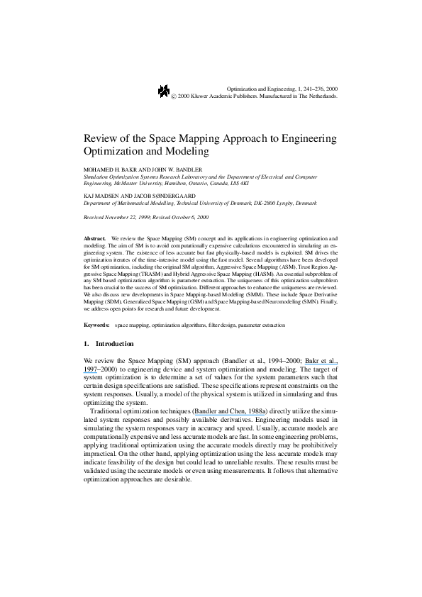 Pdf Review Of The Space Mapping Approach To Engineering Optimization And Modeling