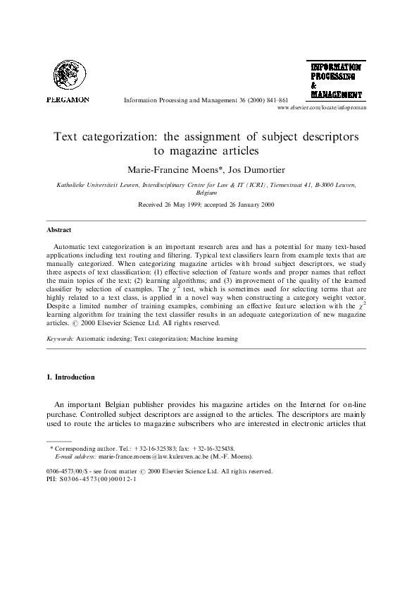 (PDF) Text categorization: the assignment of subject descriptors to magazine articles