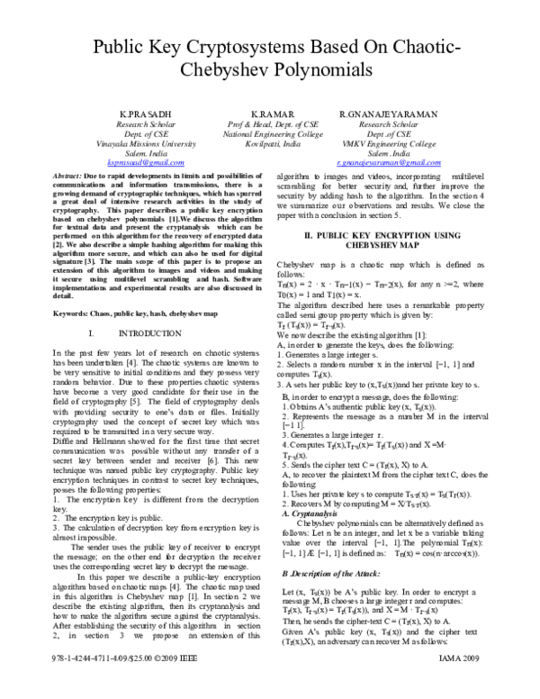 (PDF) Public key cryptosystems based on chaotic Chebyshev polynomials