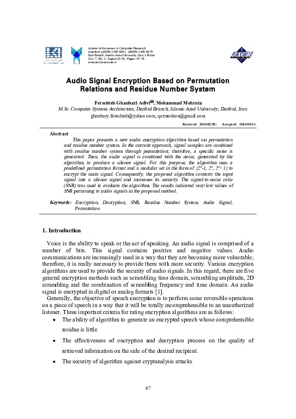 Pdf Audio Signal Encryption Based On Permutation Relations And Residue Number System