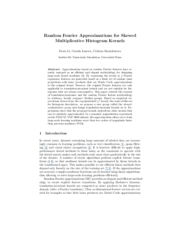 (PDF) Random Fourier Approximations for Skewed Multiplicative Histogram Kernels