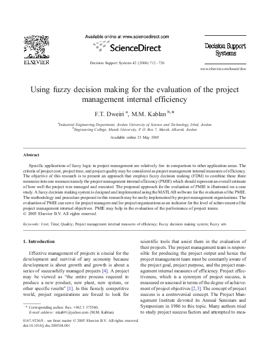 Pdf Using Fuzzy Decision Making For The Evaluation Of The Project Management Internal Efficiency