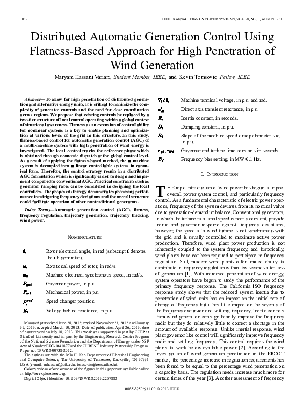 Pdf Distributed Automatic Generation Control Using Flatness Based