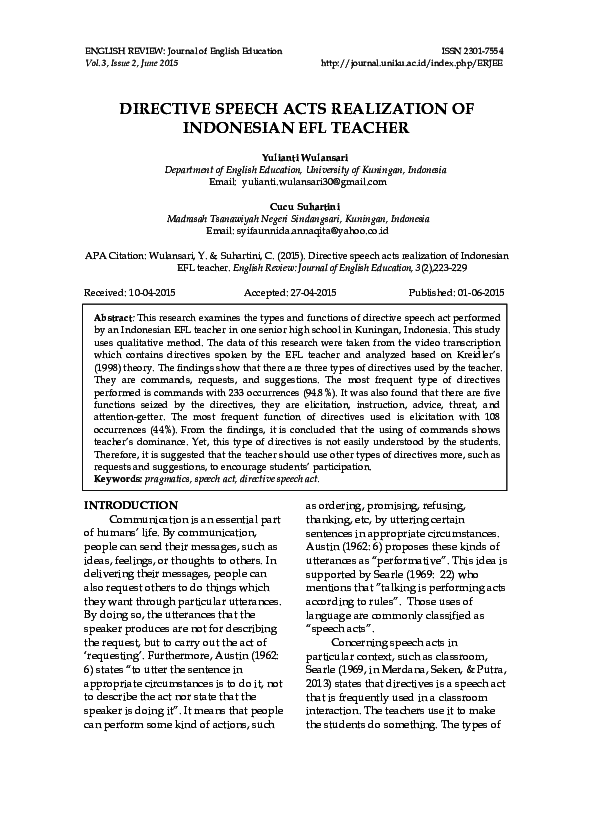 (PDF) DIRECTIVE SPEECH ACTS REALIZATION OF INDONESIAN EFL TEACHER ...