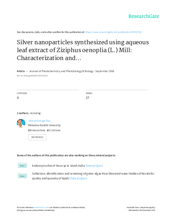 (PDF) Silver nanoparticles synthesized using aqueous leaf extracts of Ziziphus oenplia (L.) Mill ...