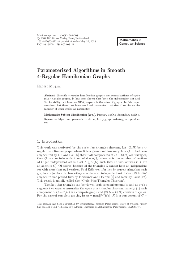 Pdf Parameterized Algorithms In Smooth 4regular Hamiltonian Graphs