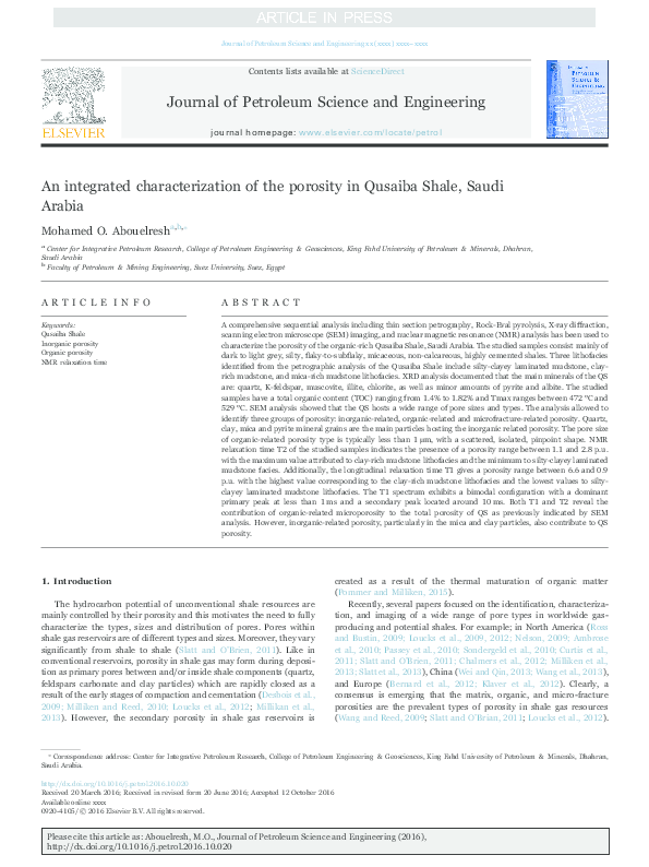 (PDF) An integrated characterization of the porosity in Qusaiba Shale, Saudi Arabia