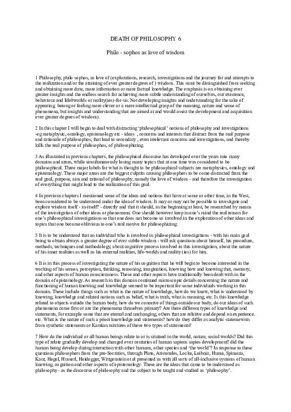 (DOC) DEATH OF PHILOSOPHY 6 (Philo sophos as love of wisdom)